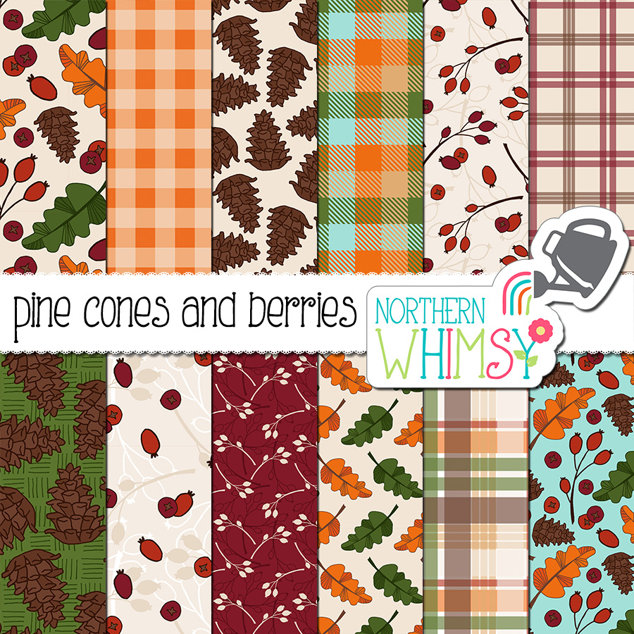 Fall Digital Paper - Pine Cones and Berries – Northern Whimsy Design
