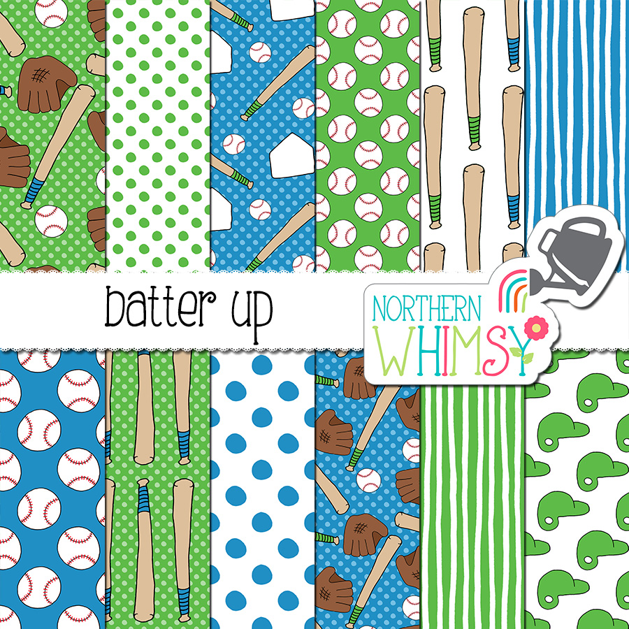 Batter Up Baseball Digital Paper - Blue and Green – Northern Whimsy Design