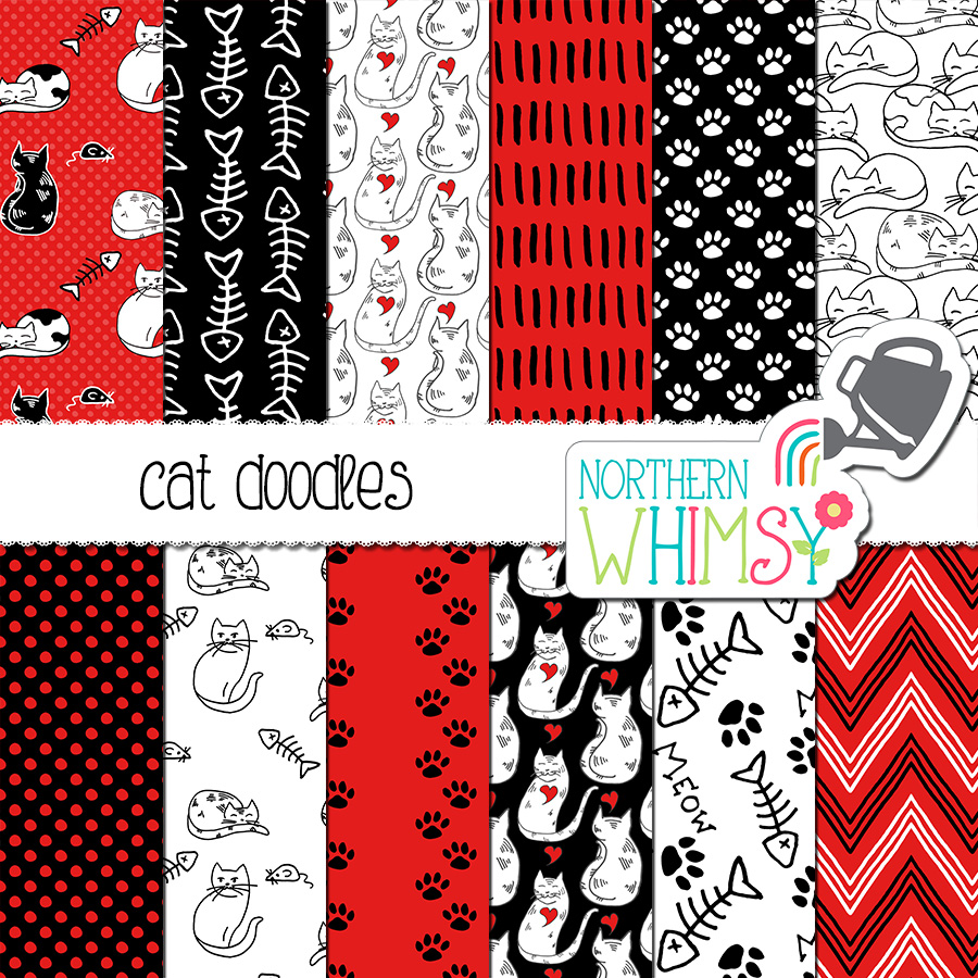 Red and Black Cat Digital Paper – Northern Whimsy Design