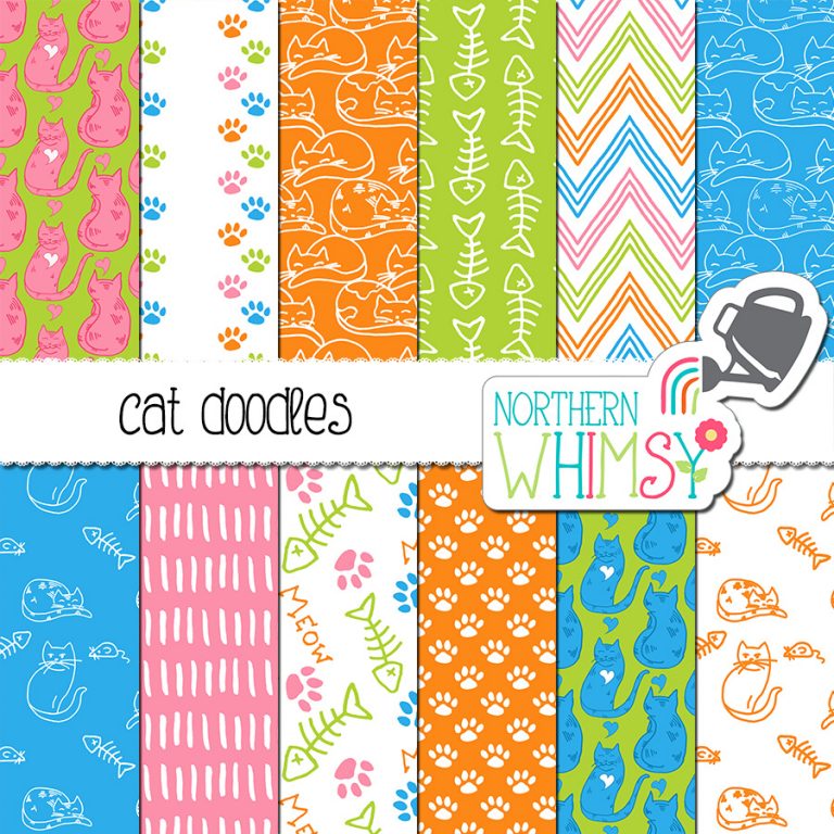 Bright Cat Doodles Digital Paper – Northern Whimsy Design