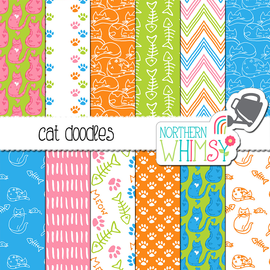 Bright Cat Doodles Digital Paper – Northern Whimsy Design