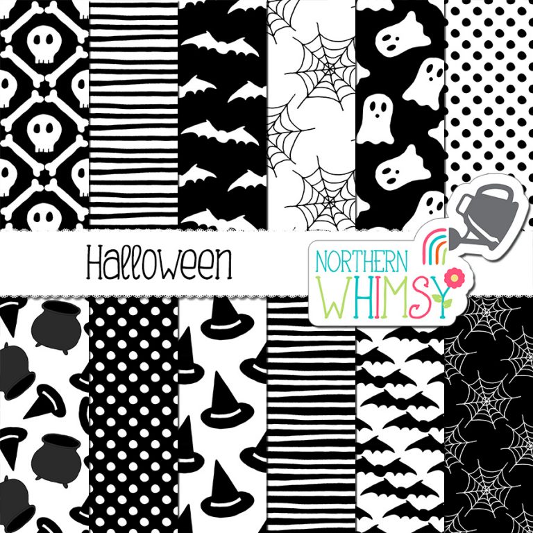 Black and White Halloween Digital Paper – Northern Whimsy Design