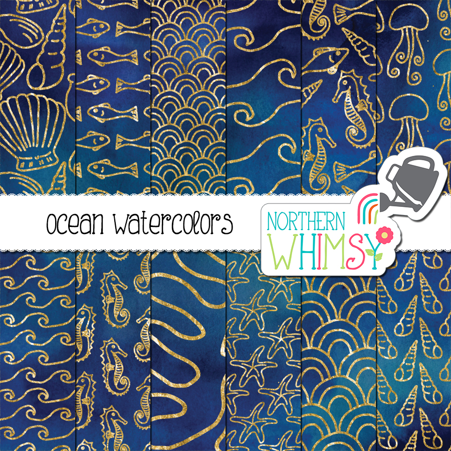 Ocean Scrapbook Paper - Gold on Blue Watercolor – Northern Whimsy Design