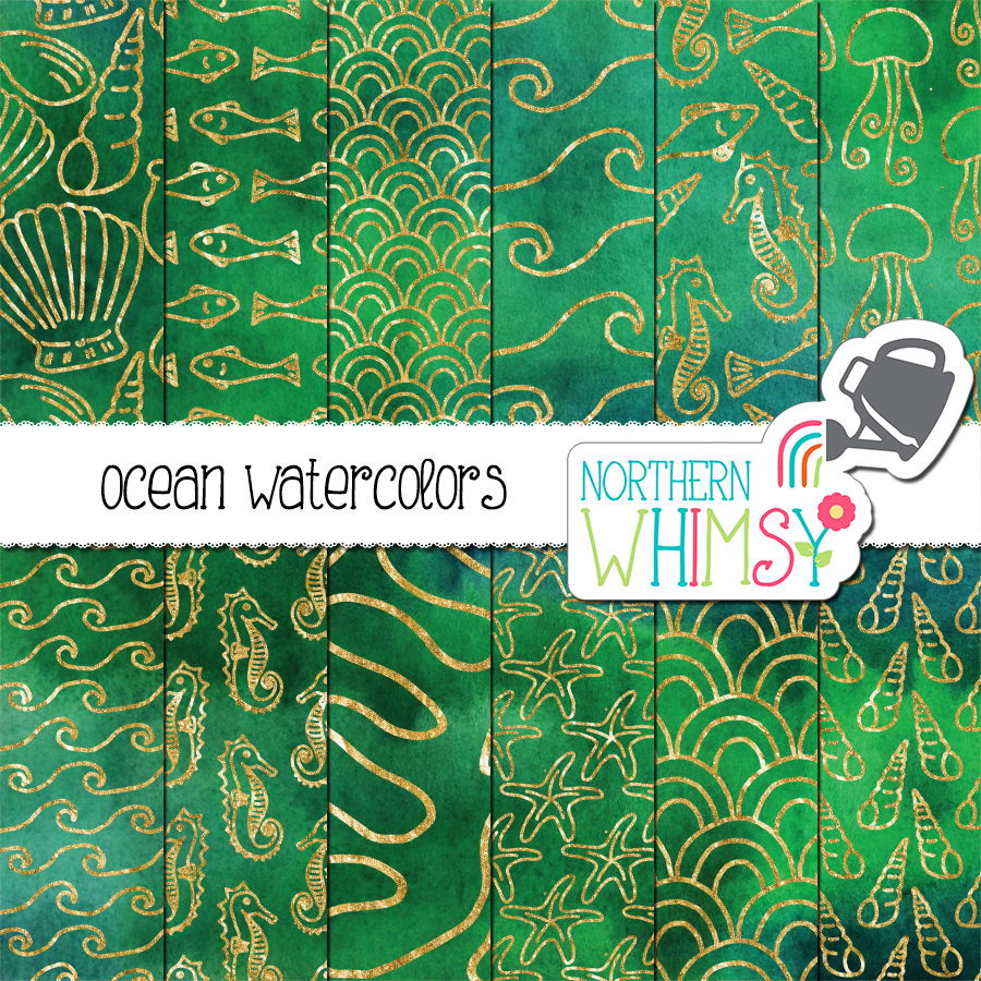 Ocean Digital Paper - Gold on Green Watercolor – Northern Whimsy Design