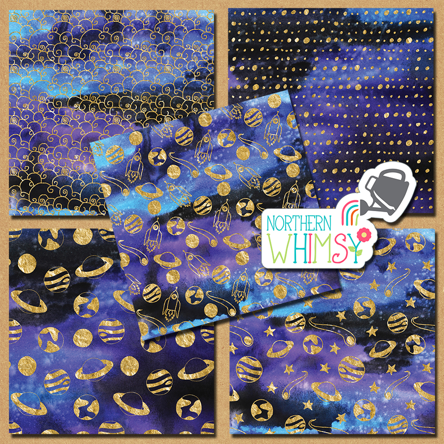 Planets Digital Paper - Gold on Purple Watercolor – Northern Whimsy Design