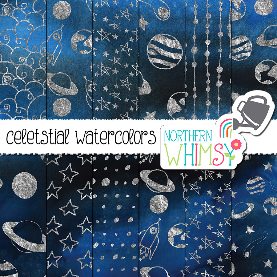 Space Digital Paper - Silver and Blue Watercolor – Northern Whimsy Design