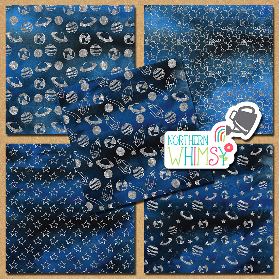 Space Digital Paper - Silver and Blue Watercolor – Northern Whimsy Design