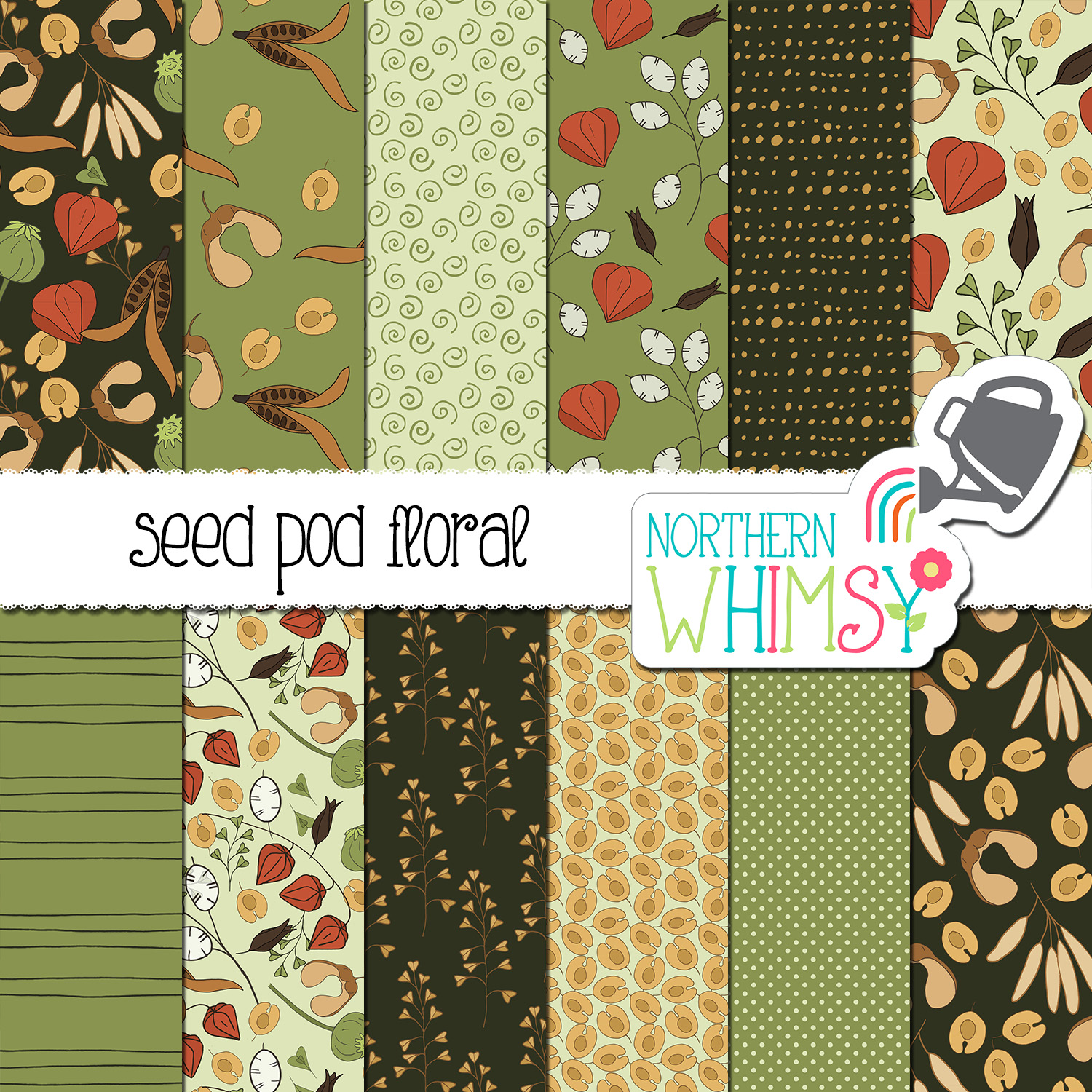 Autumn Digital Paper - Green Seed Pods – Northern Whimsy Design