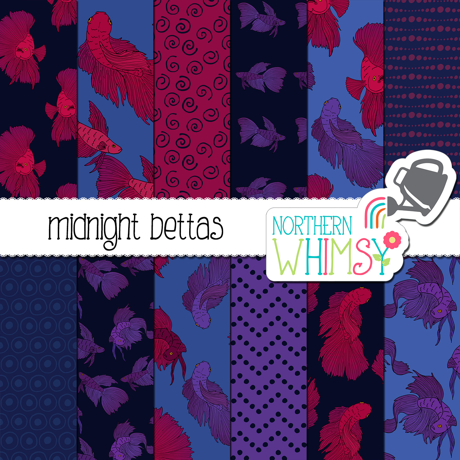 Fish Digital Paper - Midnight Bettas – Northern Whimsy Design