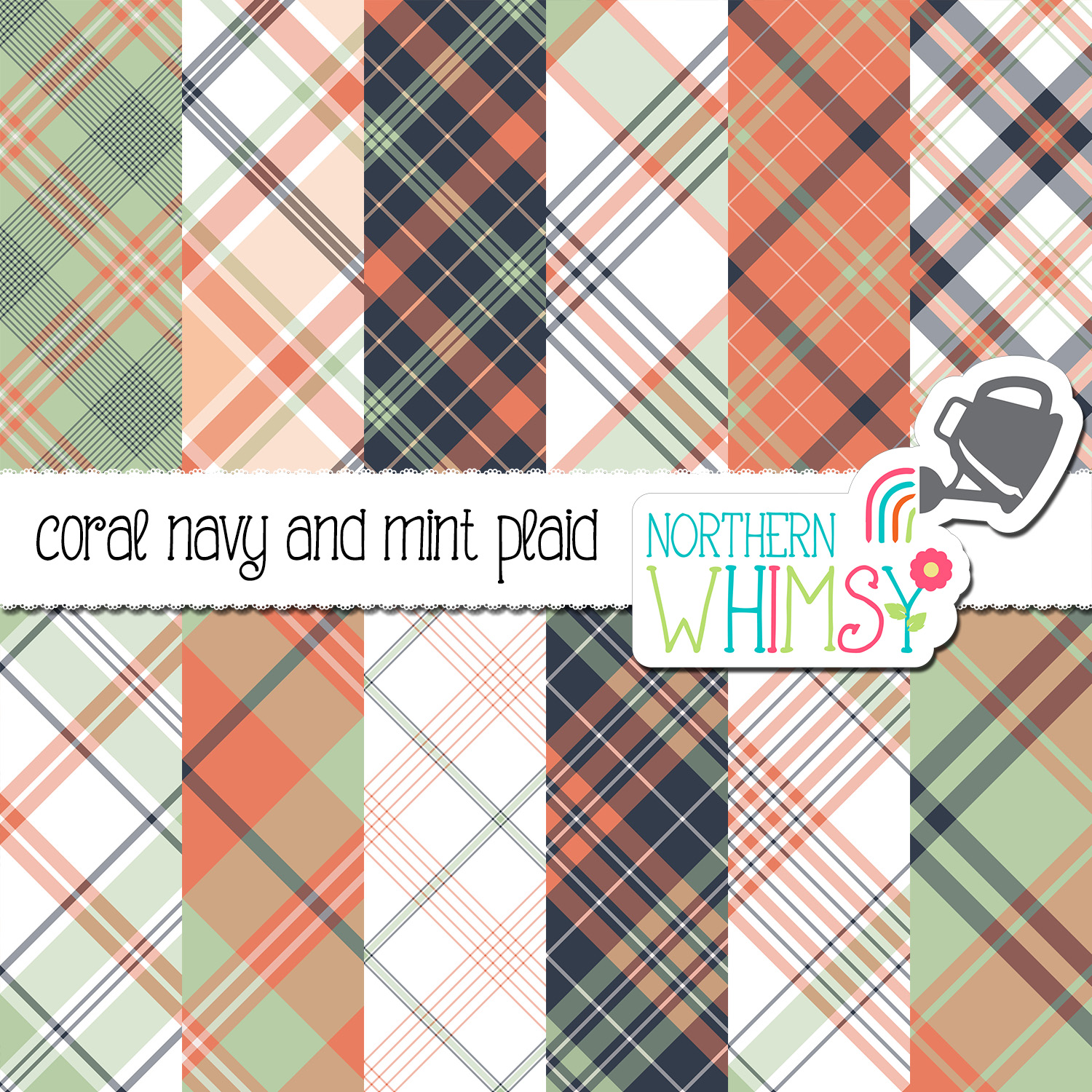 Coral Navy and Mint Seamless Plaid Patterns – Northern Whimsy Design